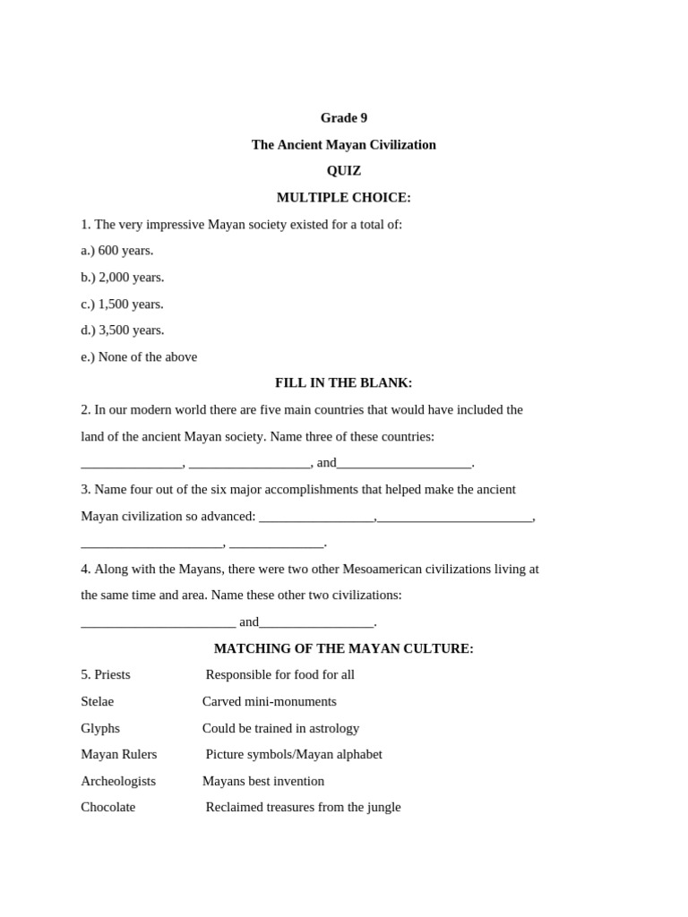 Grade 9 Mayan Civilization Quiz | PDF | Maya Civilization | Pre ...