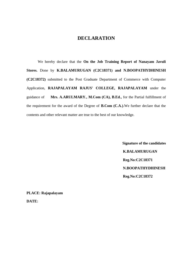 On the Job Training Report: Nanayam Javuli Stores | PDF