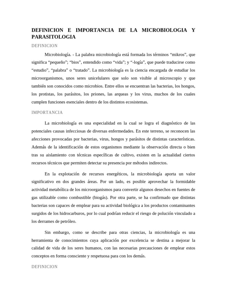 DEFINICION E IMPORTANCIA DE LA MICROBIOLOGIA Y PARASITOLOGIA | PDF | Microbiología | Microorganismo