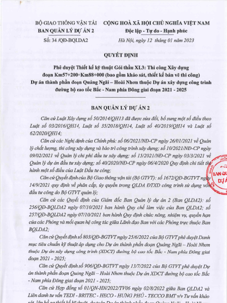 2022.01.12_34_QD-BQLDA2_Quyet Dinh Phe Duyet TKKT XL3 Km57-Km88 | PDF