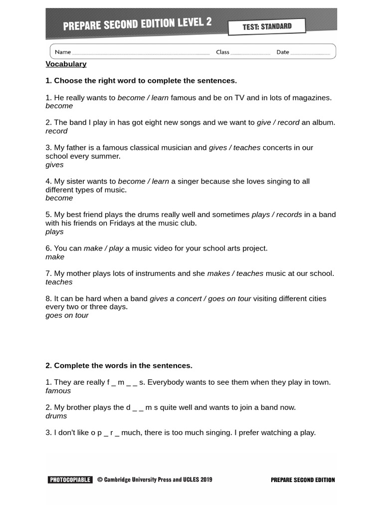 PRE-UT-U3S With Answers | PDF | Concert | Singing