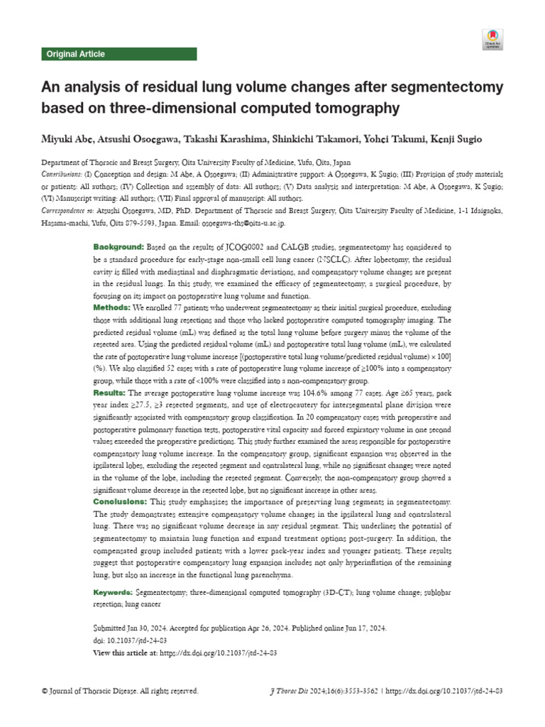 An Analysis of Residual Lung Volume Changes After Segmentectomy Based ...