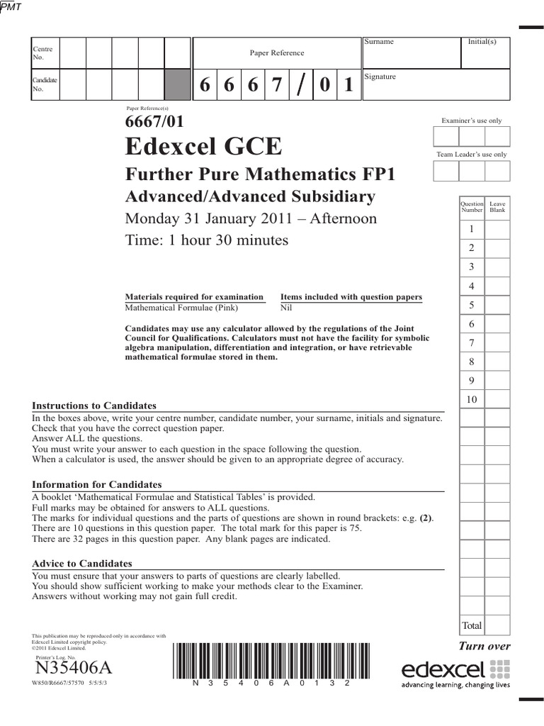January 2011 QP - FP1 Edexcel | PDF | Mathematics | Mathematical Analysis