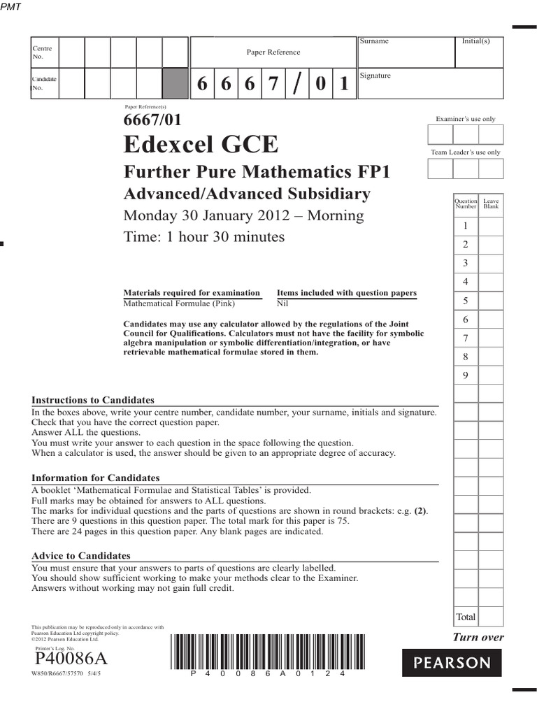 January 2012 QP - FP1 Edexcel | PDF | Mathematics | Algebra
