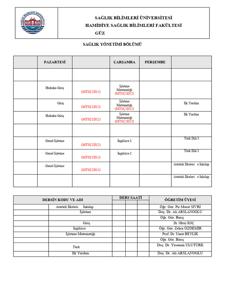 Saglk Yonetimi 24 25 Guz Donemi Ders Program | PDF