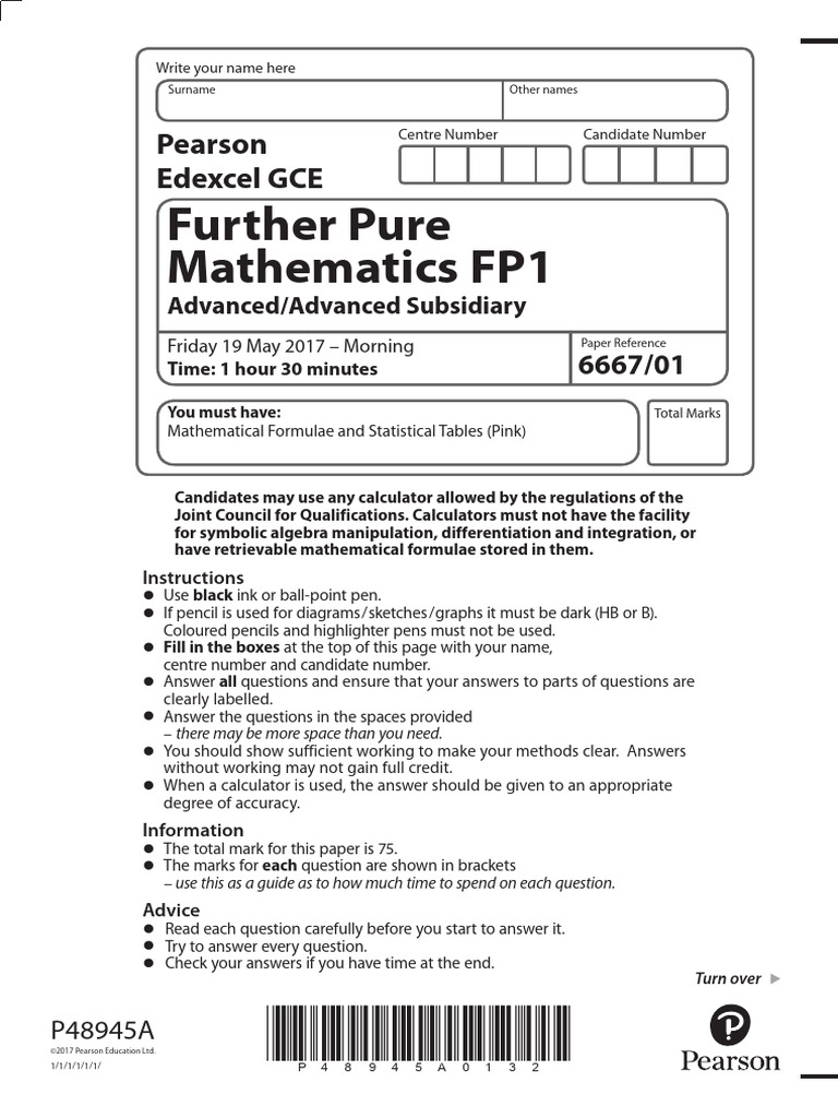 June 2017 QP - FP1 Edexcel | PDF | Equations | Mathematics