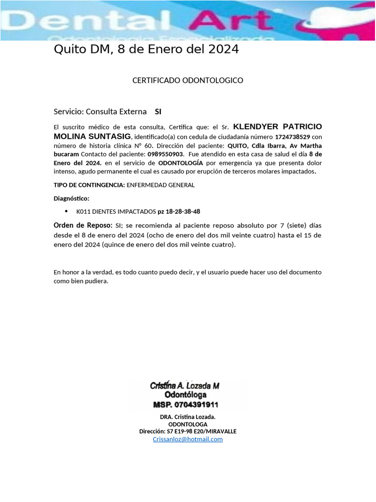 CERTIFICADO PCTE. KLENDYER MOLINA TERCEROS MOLARES | PDF