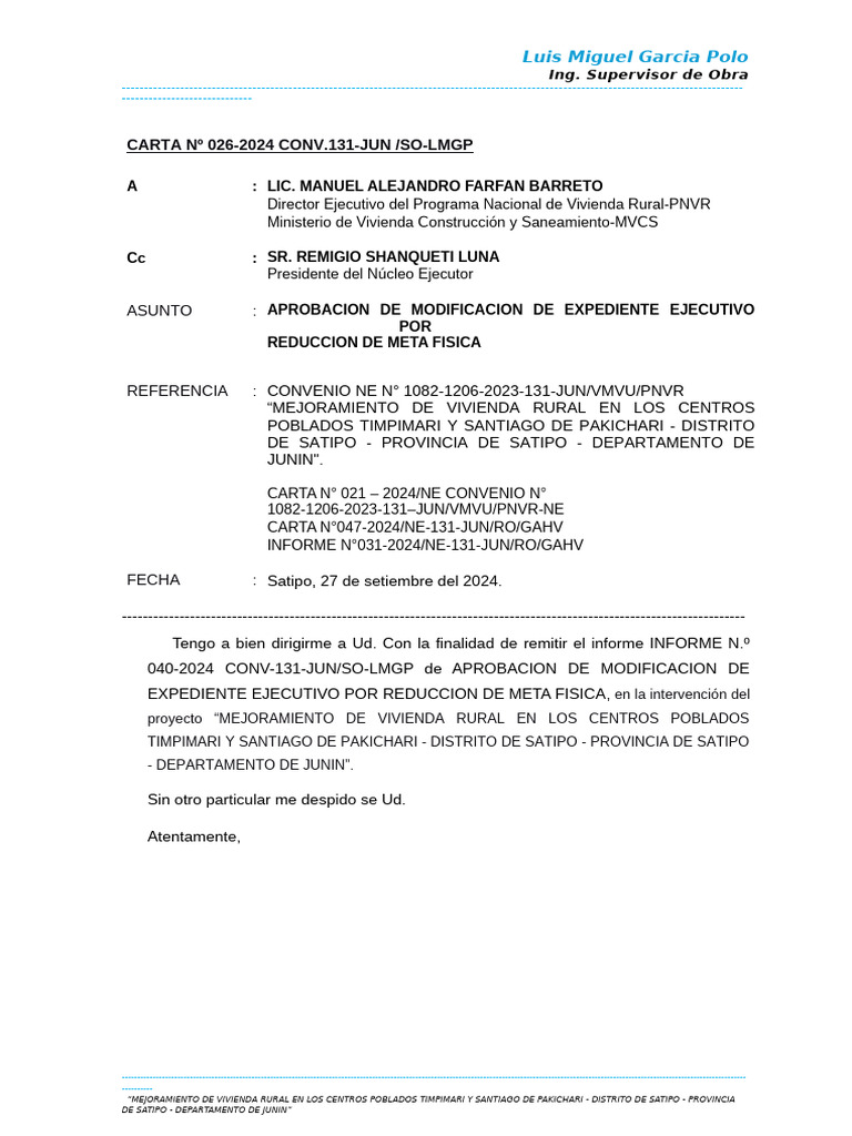 Carta N°026 - Aprobacion Exp. Ejecutivo Modificado | PDF