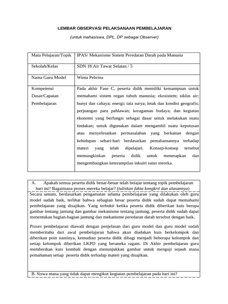 LEMBAR OBSERVASI Pembelajaran WINTA (Ipas) SIKLUS 2 | PDF