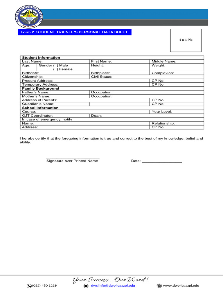Student Trainee Personal Data Form | PDF