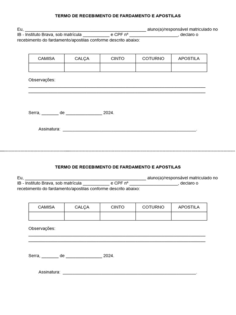 Termo de Recebimento (Farda e Apostilas) - Documentos Google | PDF