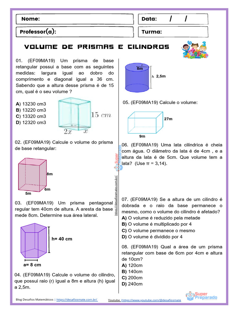 Atividade de Volume de Prismas e Cilindros para 9º Ano | PDF ...