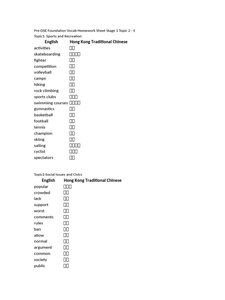 Pre DSE Foundation Vocab Homework Sheet T2-5 | PDF