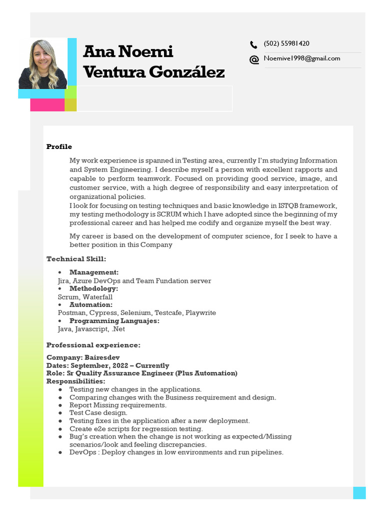 Ana Ventura Resume | PDF | Software Testing | Computer Science