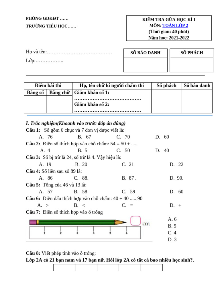 De Thi Giua Ki 1 Lop 2 Mon Toan Sach Chan Troi Sang Tao | PDF