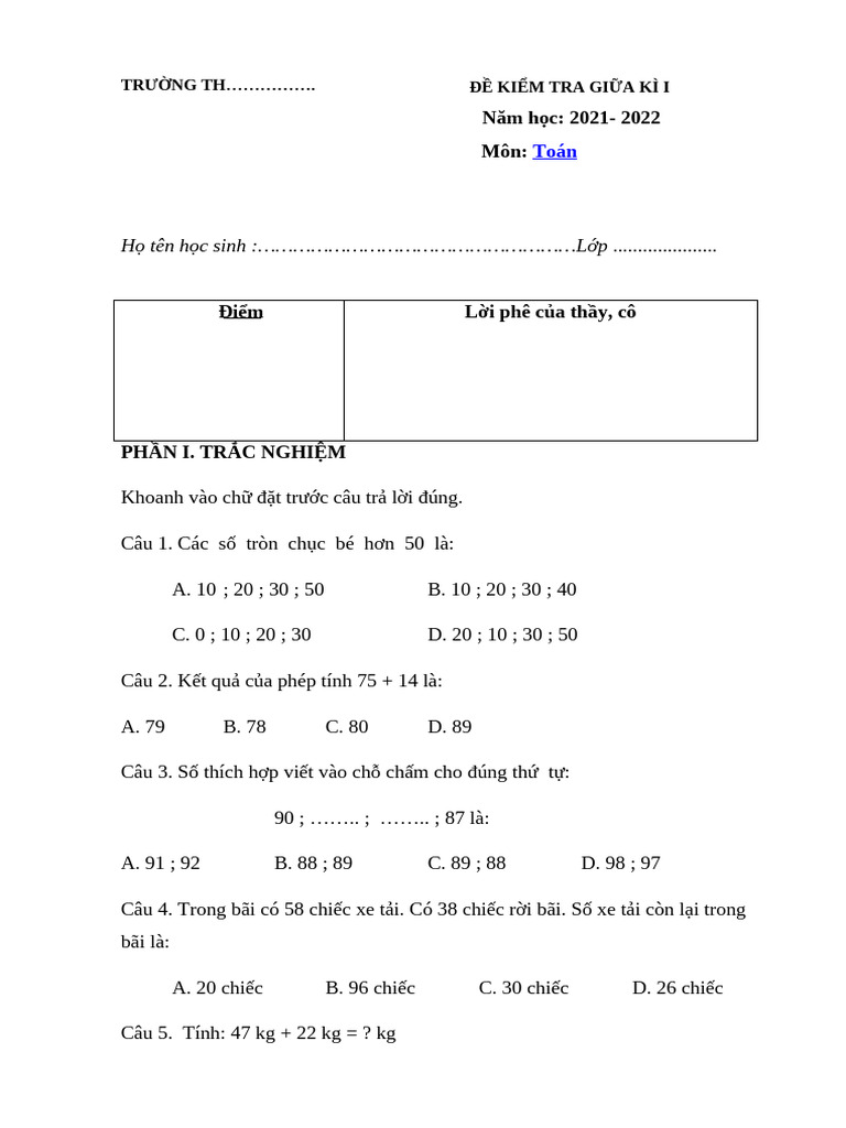 De Thi Giua Ki 1 Lop 2 Mon Toan Nam 2021 2022 Sach Canh Dieu 1 | PDF