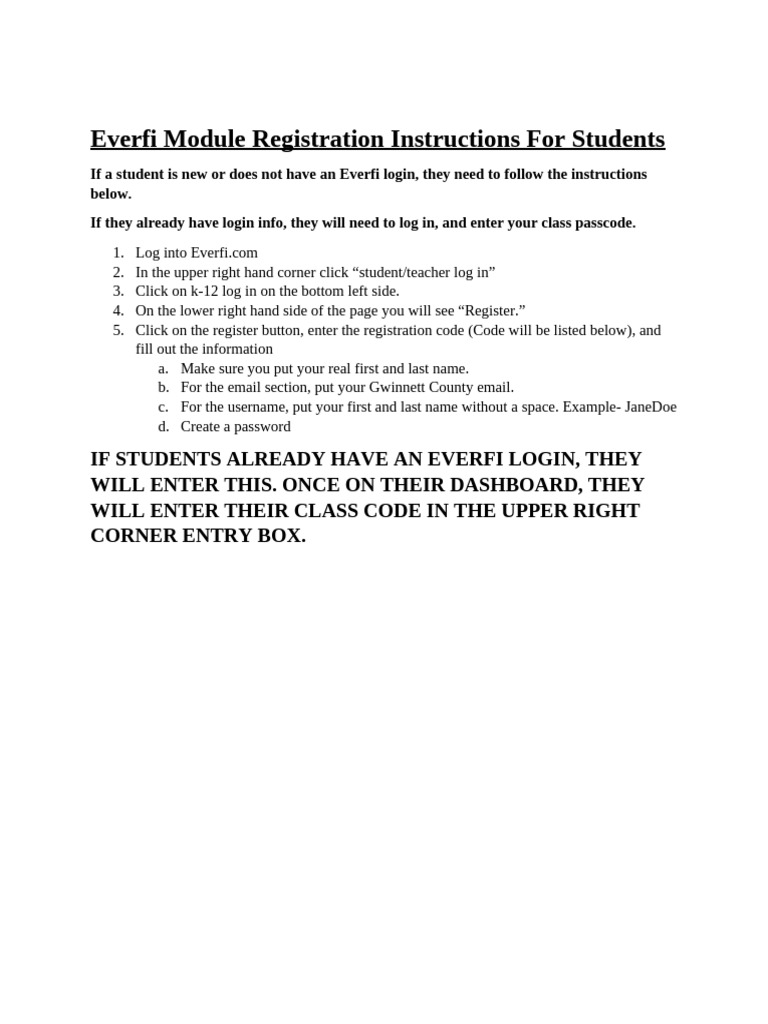 Everfi Registration Instructions For Students | PDF