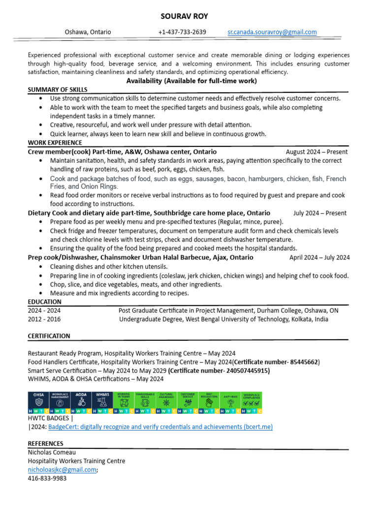 Sourav Roy Resume CAN Updated | PDF | Foods | Cooking