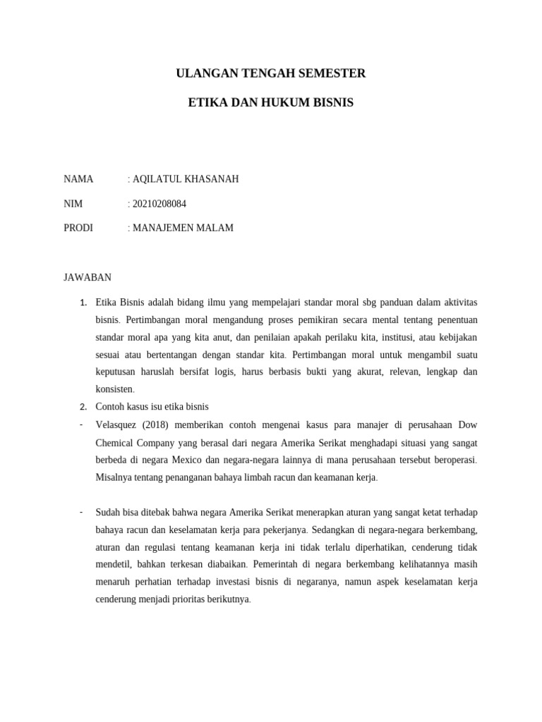 Uts Etika Dan Hukum Bisnis | PDF