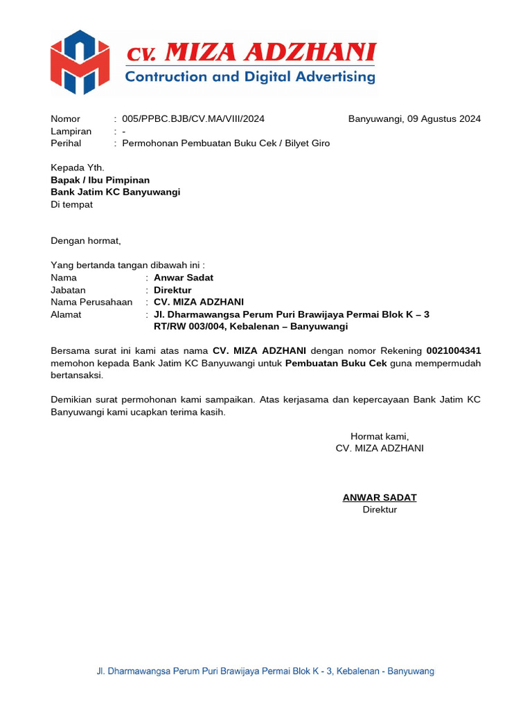 Surat Permohonan Buku Cek Bank Jatim | PDF