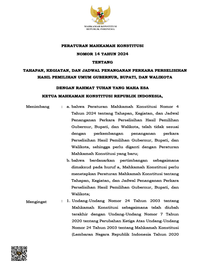 PMK Nomor 14 Tahun 2024 Tentang Tahapan, Kegiatan, Dan Jadwal PHPUKada | PDF