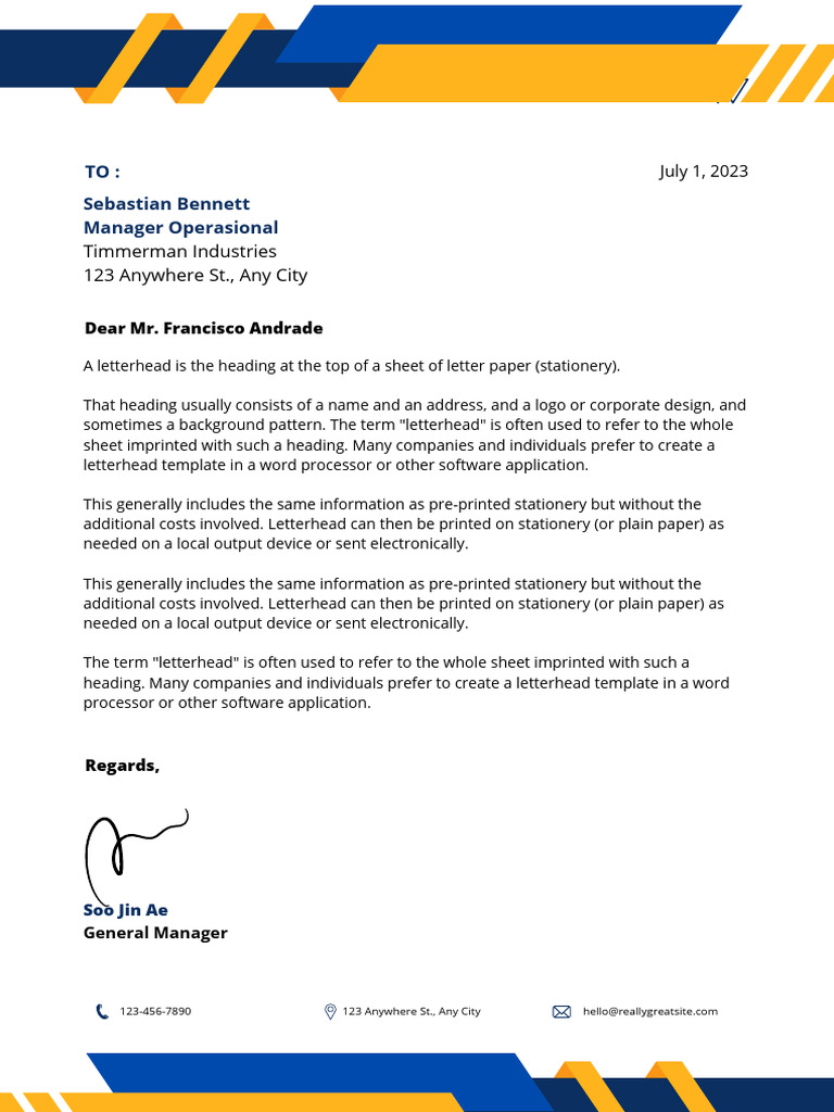 Blue Orange Simple Modern Letterhead A4 Document | PDF