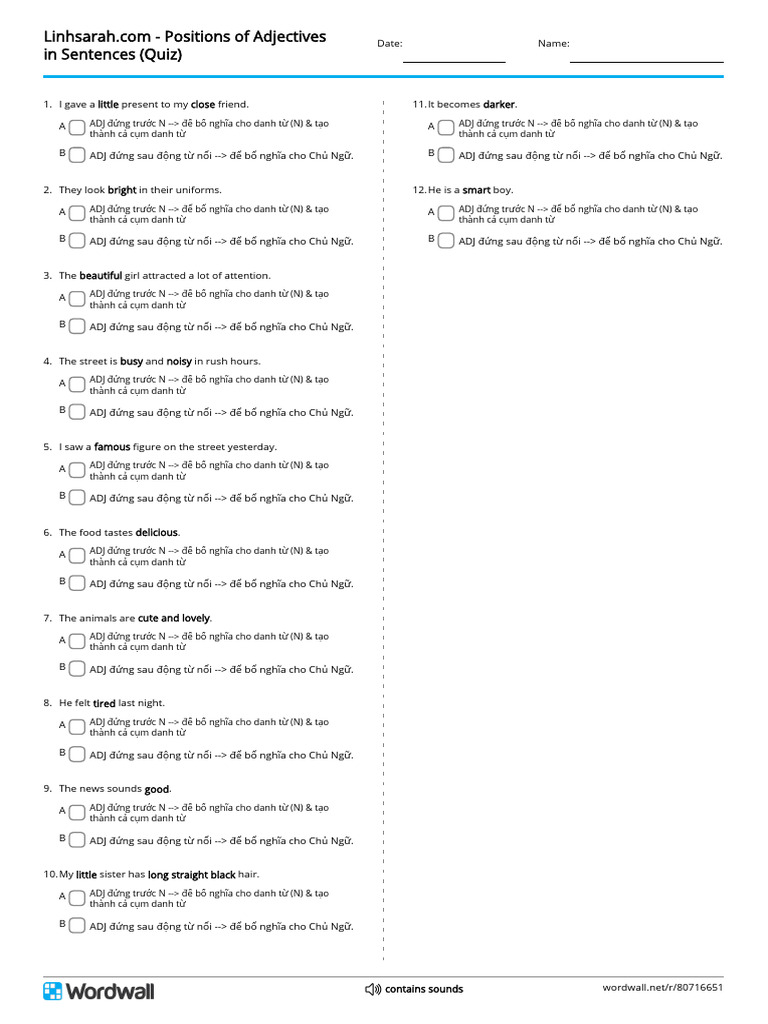 Linhsarahcom Positions of Adjectives in Sentences Quiz Quiz | PDF