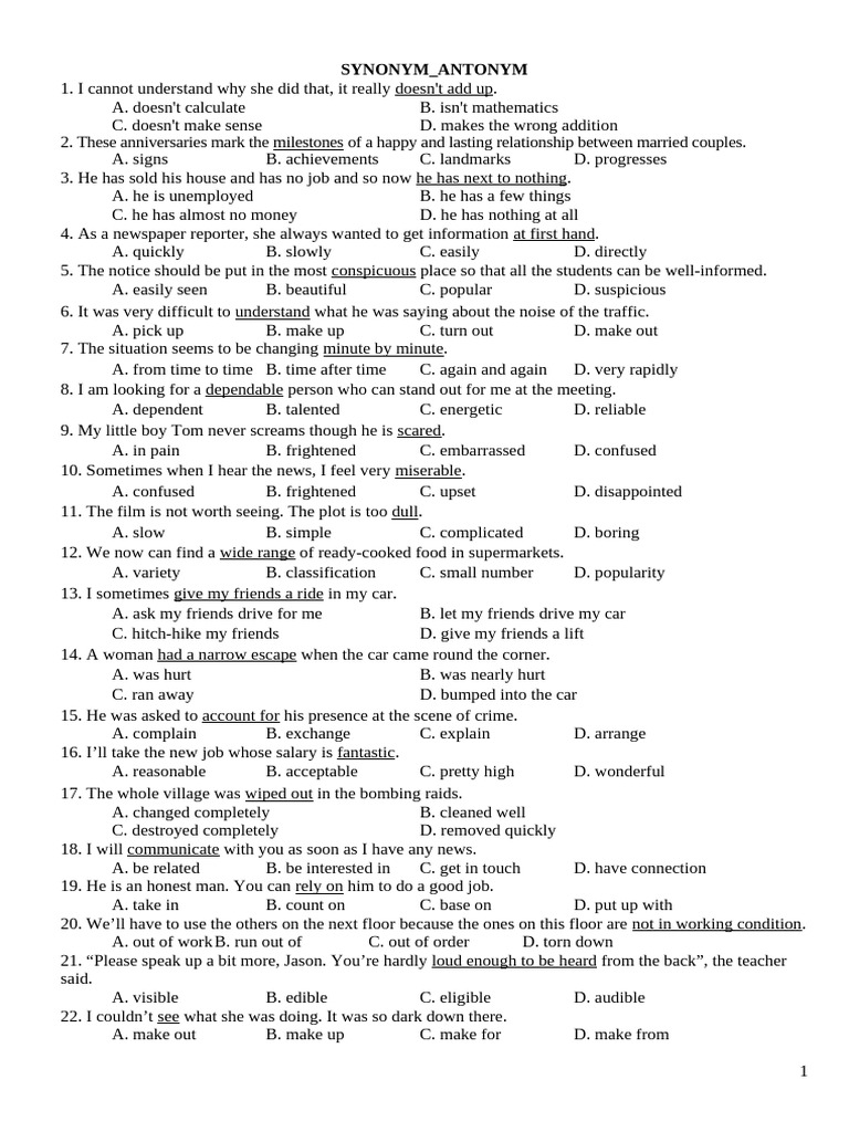 Synonym and Antonym Exercises | PDF | Water