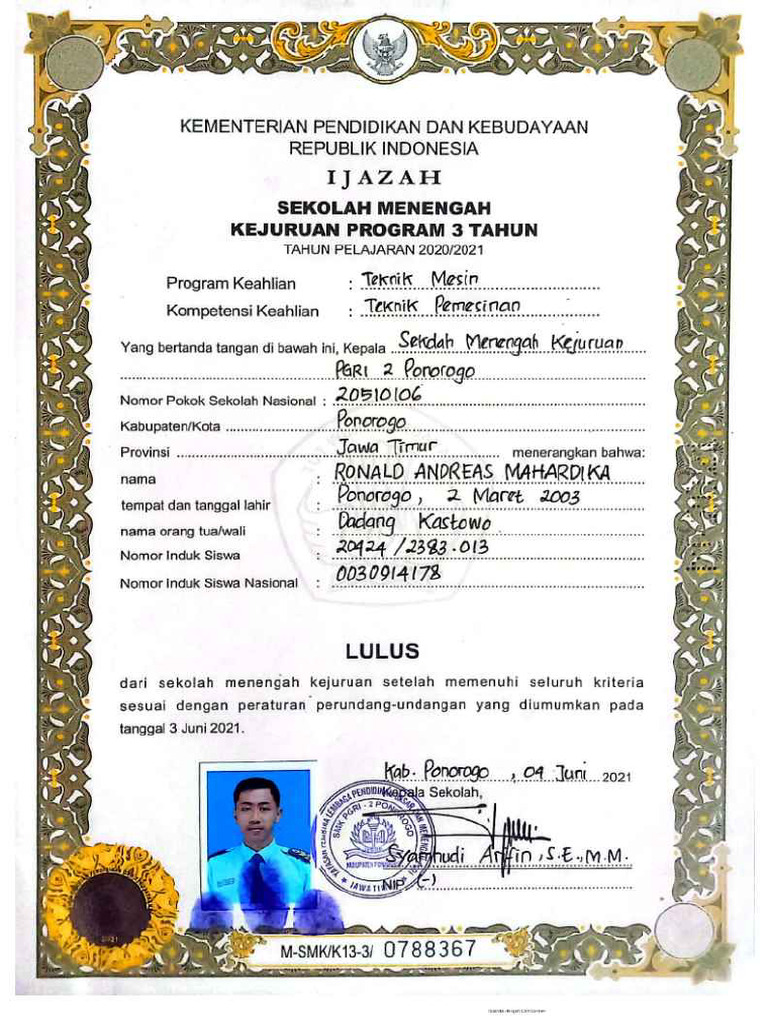 13. IJAZAH SMK RONALD_11zon | PDF