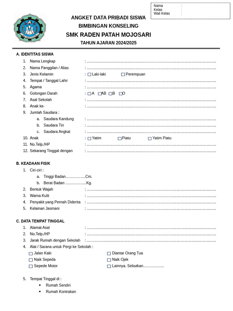 Angket Data Pribadi Siswa RPM | PDF
