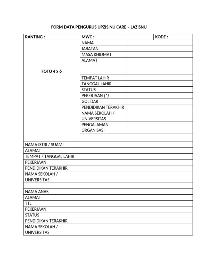 Form Data Pengurus Upzis Nu Care | PDF