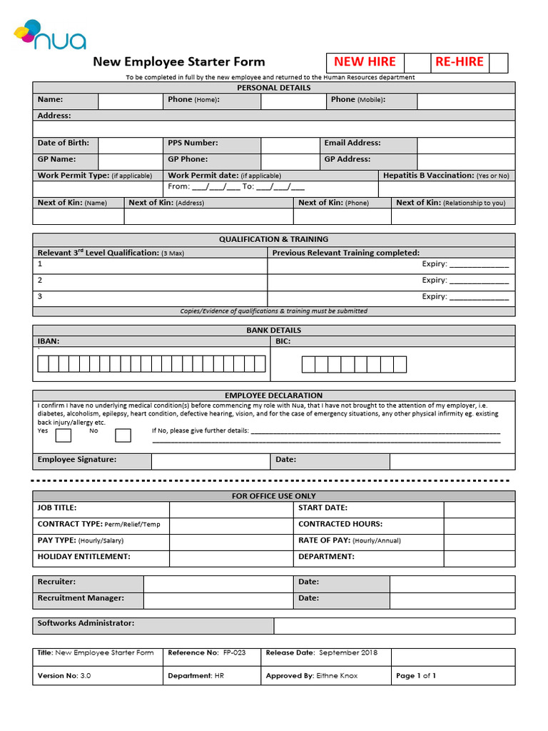 New Employee Starter Form FP-023 | PDF | Employment | Labor