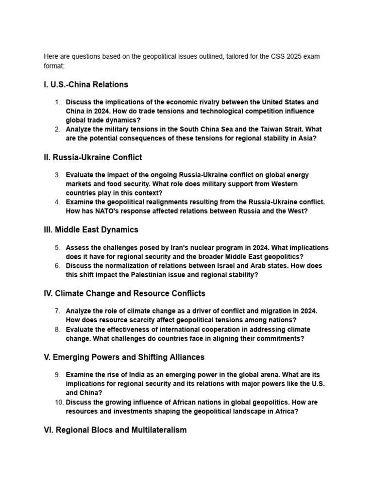 CSS 2025: Geopolitical Exam Topics | PDF