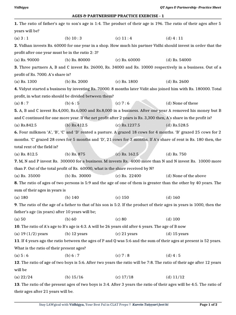 Ages & Partnership Practice Sheet 1 | PDF