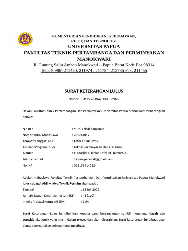 Surat Keterangan Lulus Sarjana | PDF