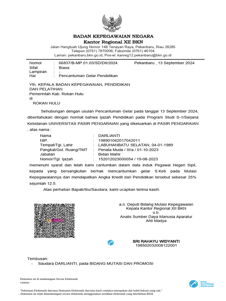 Pencantuman Gelar S.Keb Darlianti | PDF