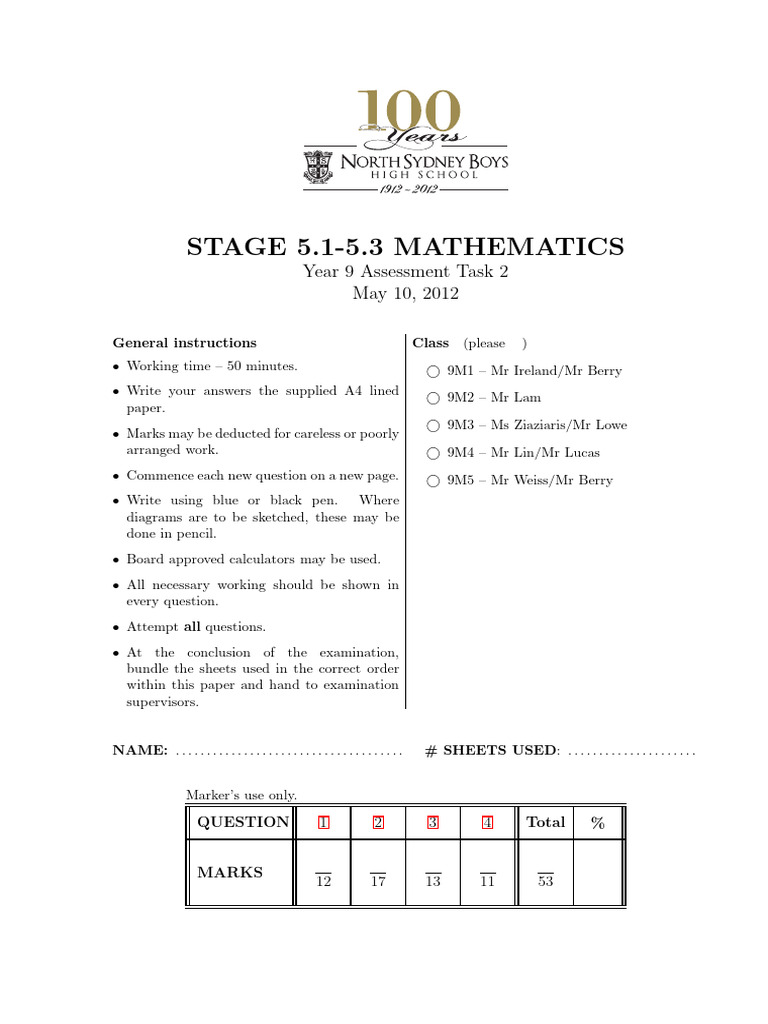 Year 9 Maths Assemssment 2 | PDF | Mathematics