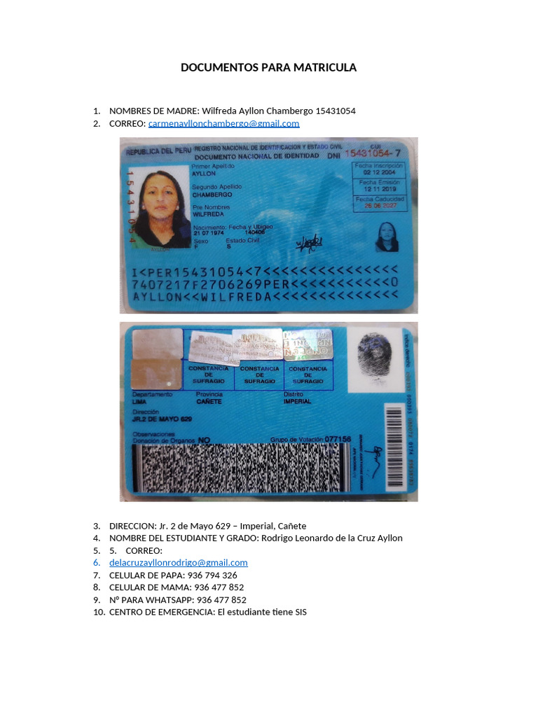 Documentos para Matricula - Rodrigodelacruzayllon | PDF
