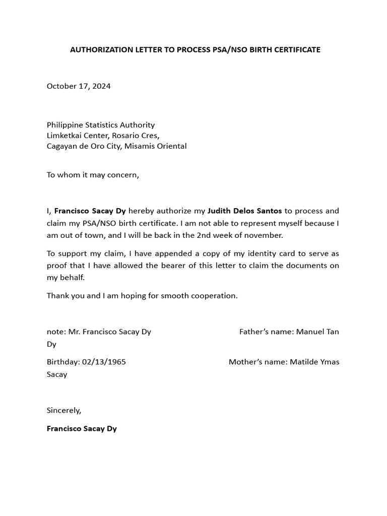 Authorization Letter Psa | PDF