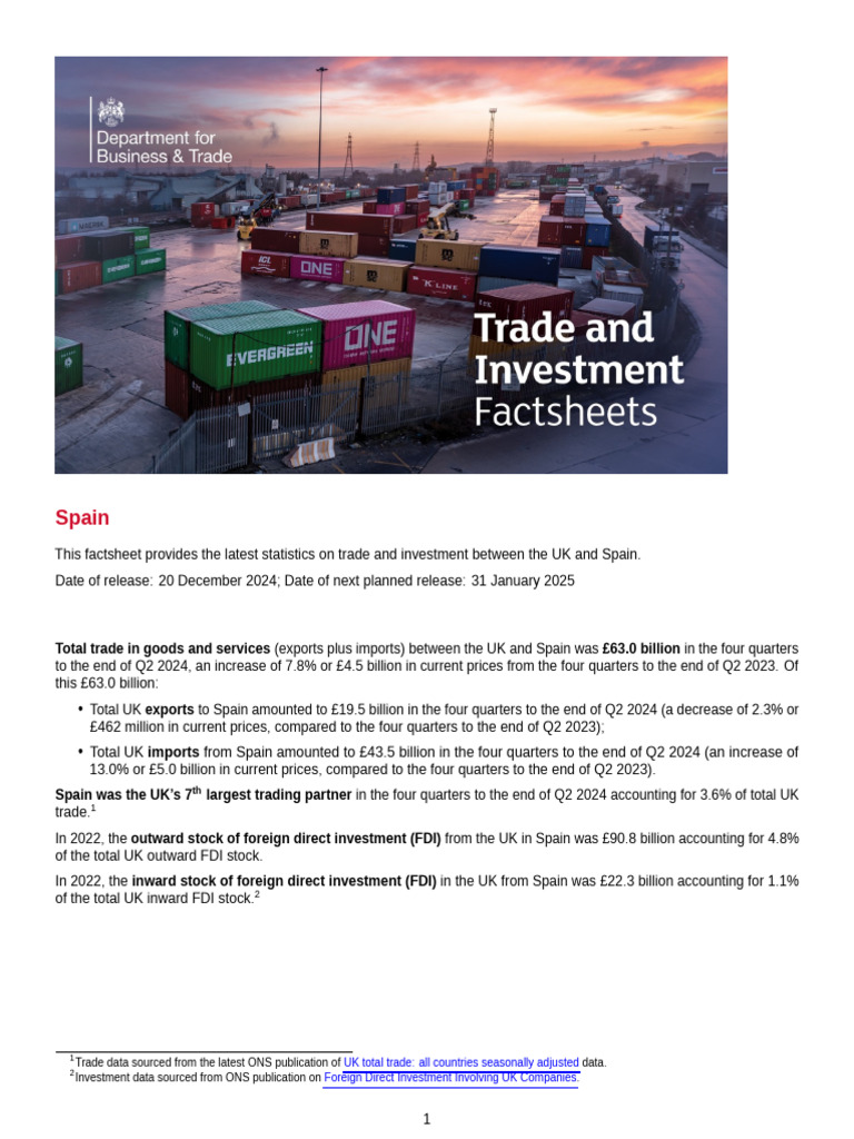 UK-Spain Trade and Investment Stats 2024 | PDF | Foreign Direct ...