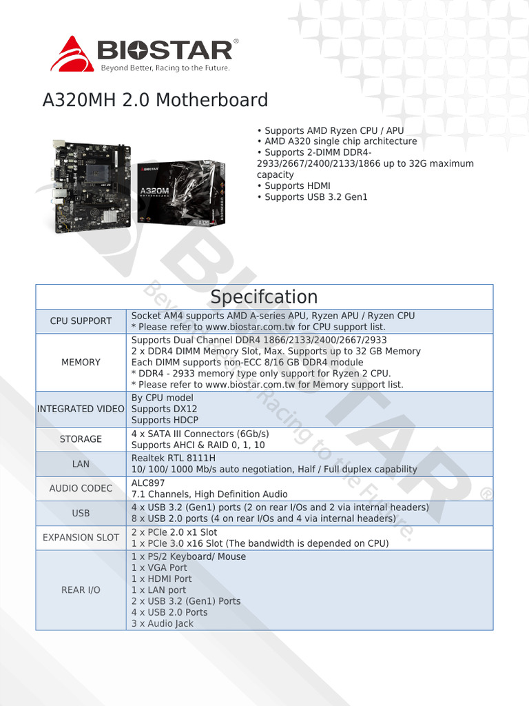 BIOSTAR_A320MH_2.0_SPEC | PDF | Usb | Electrostatic Discharge