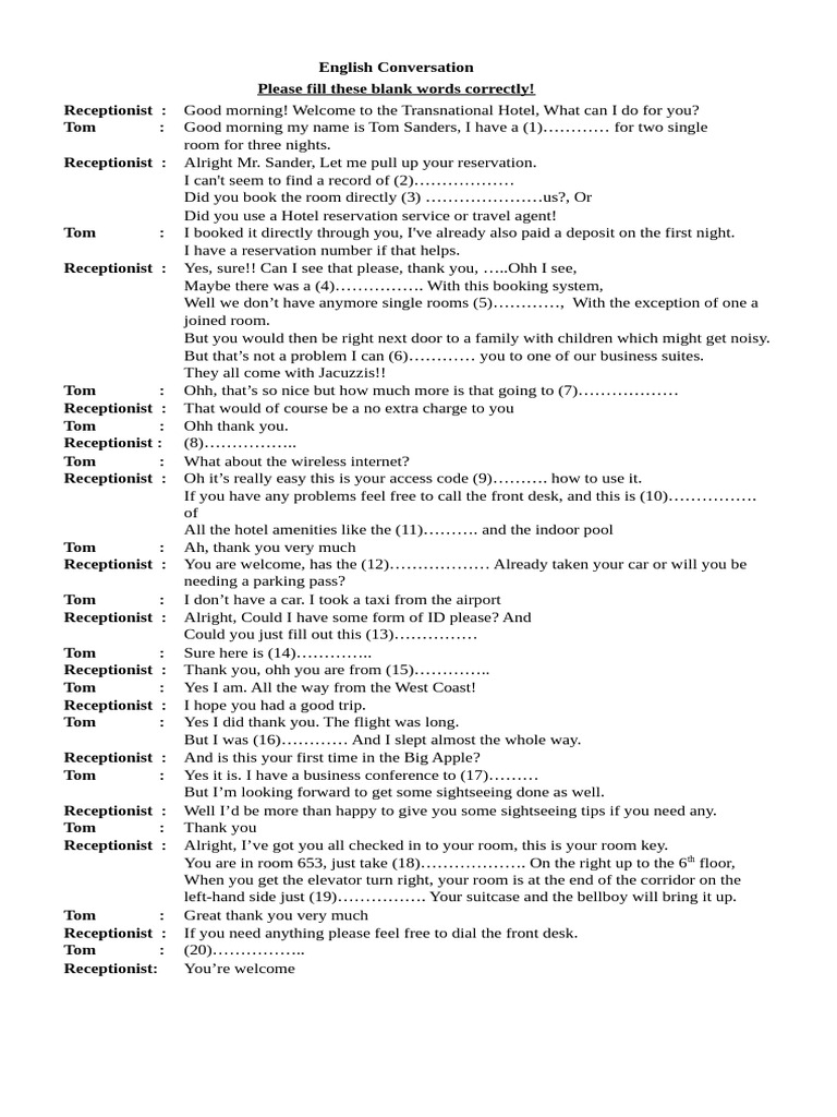 Hotel Reservation Dialogue Example | PDF