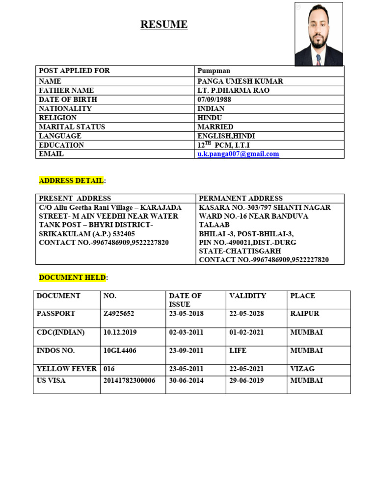 Pumpman Resume of Umesh Kumar Panga | PDF