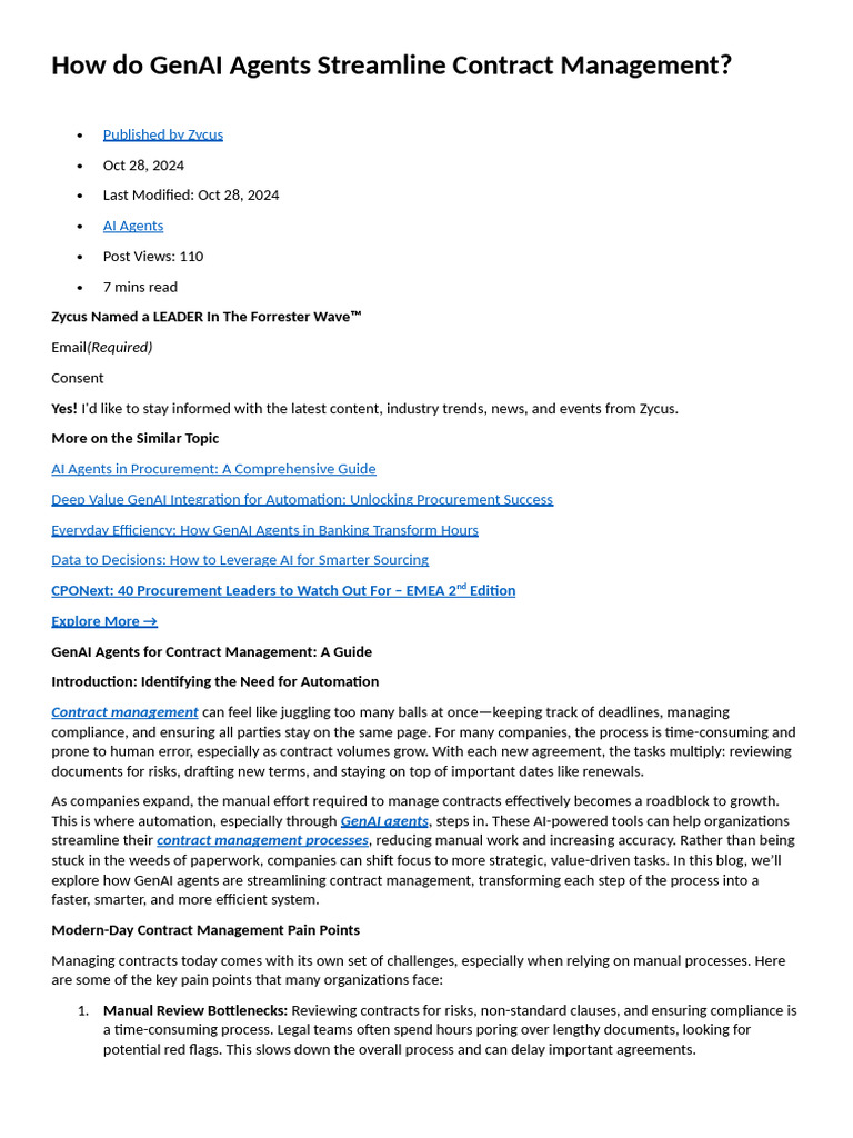 Zycus - How Do GenAI Agents Streamline Contract Management - 2024 | PDF ...