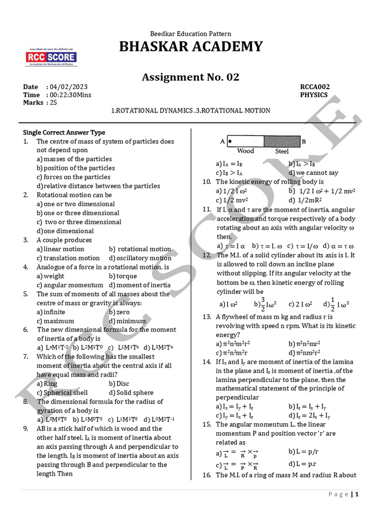Rotational Dynamics Physics Assignment | PDF | Rotation Around A Fixed Axis | Torque