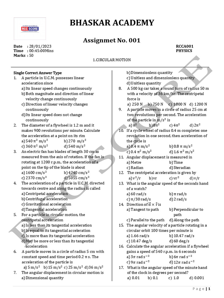 Assignment No. 001-PHYSICS Circular Motion | PDF | Acceleration | Force