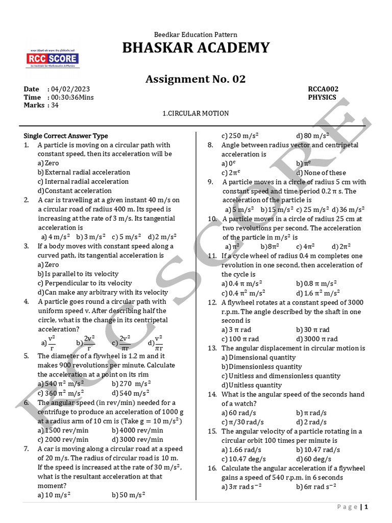 Assignment No. 002-PHYSICS Circular Motion | PDF | Acceleration | Motion (Physics)