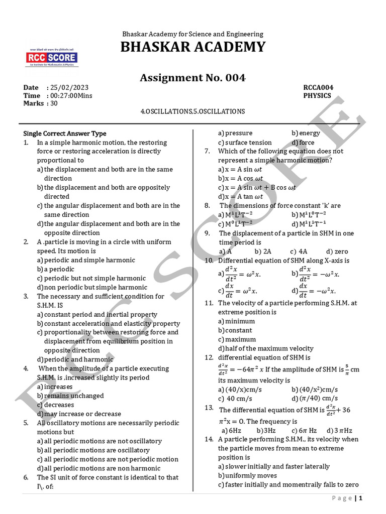 Assignment No. 004 - Physics - Oscillations | PDF | Oscillation | Acceleration