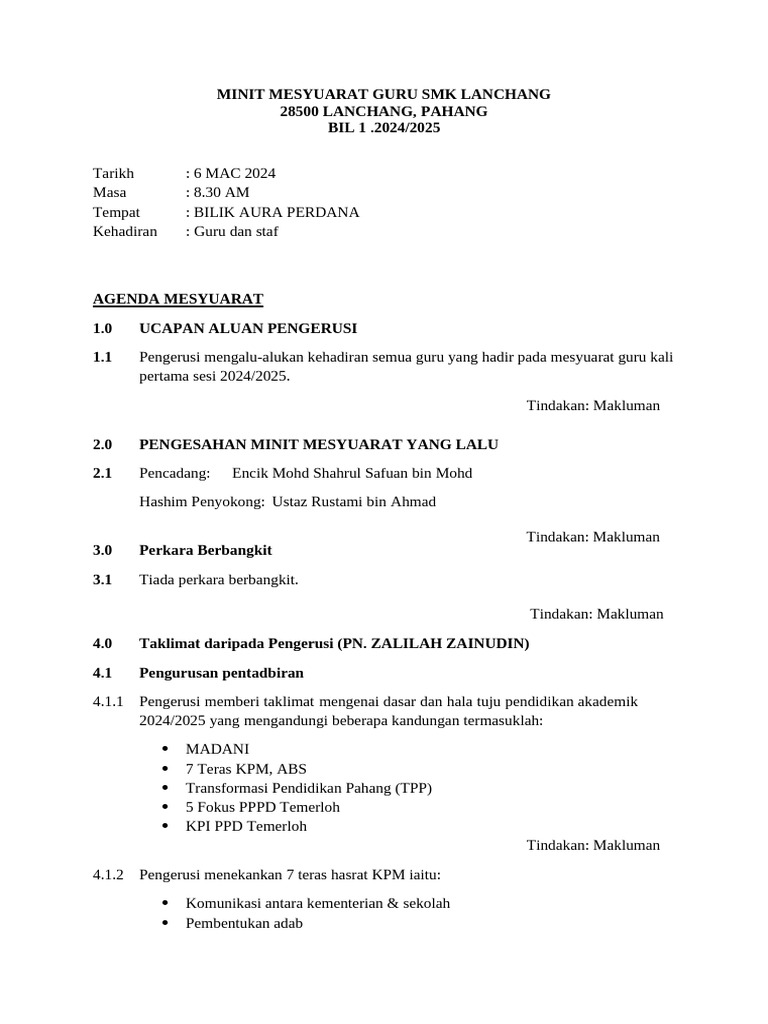 Minit Mesyuarat Ke 1 2024.2025 | PDF