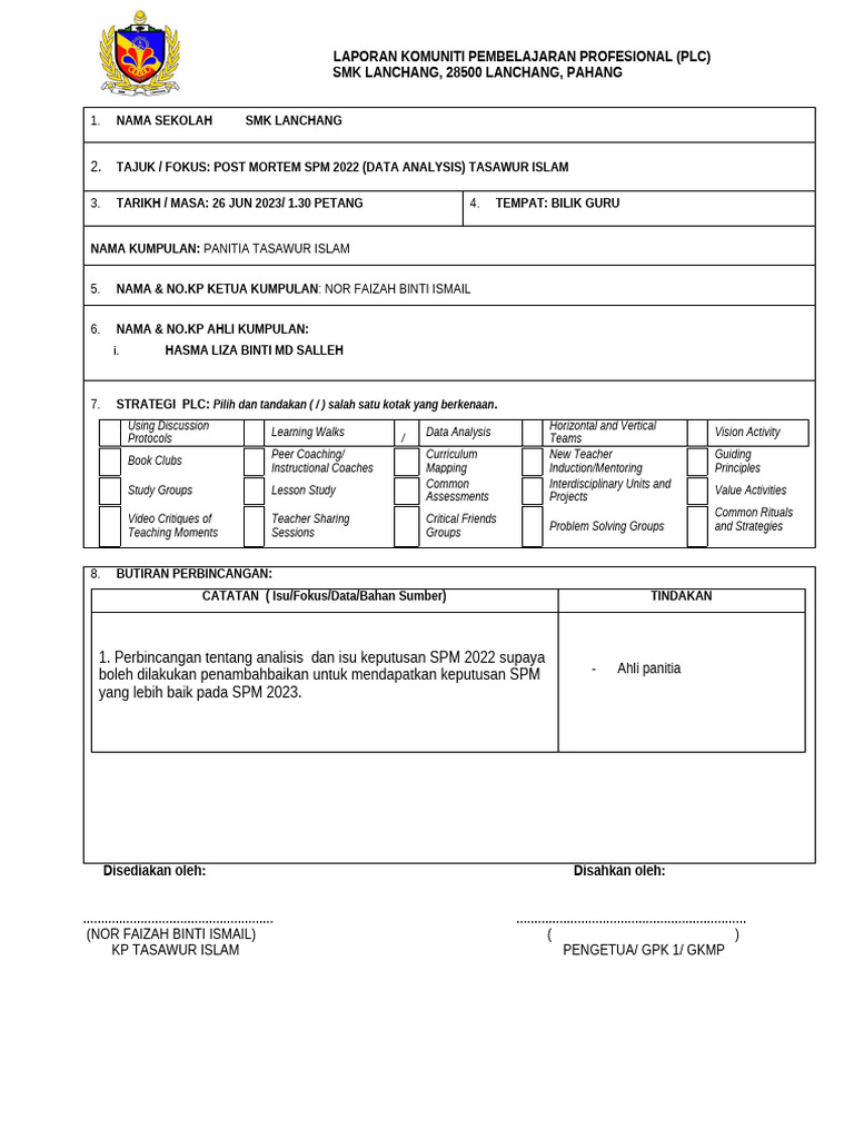 Borang Laporan PLC (SMKL) | PDF